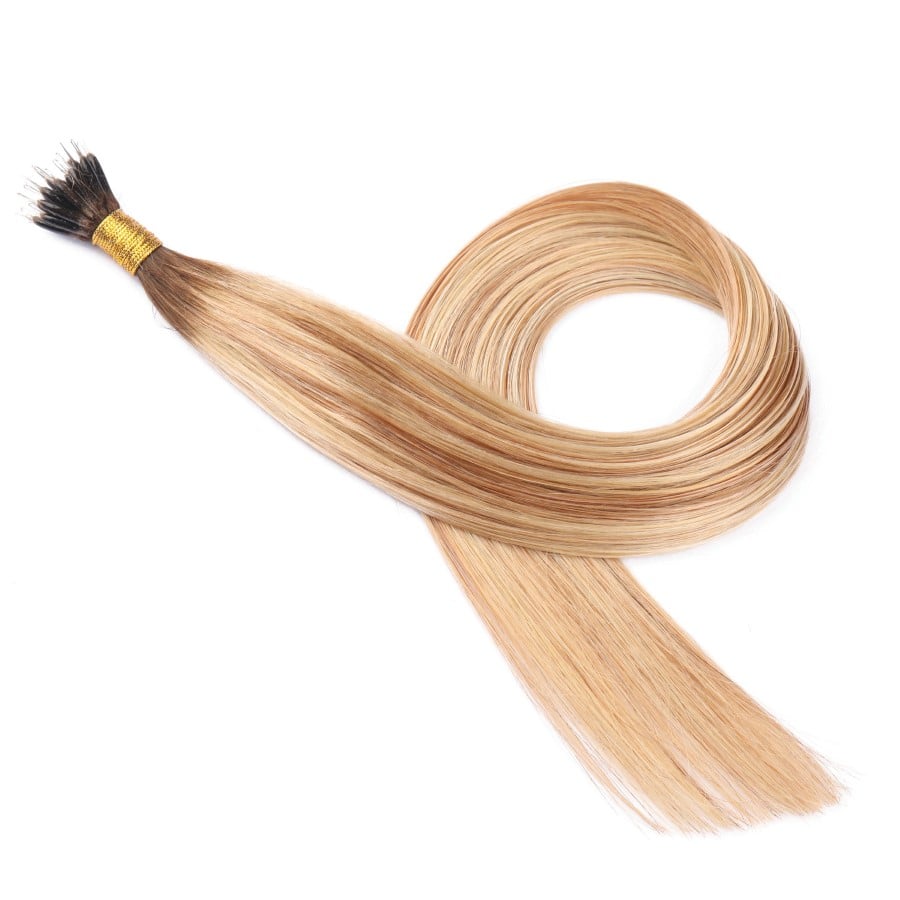 Rooted Honey Blonde #4t12/613 Nano Rings Beads Hair Extensions, 20 gra ...
